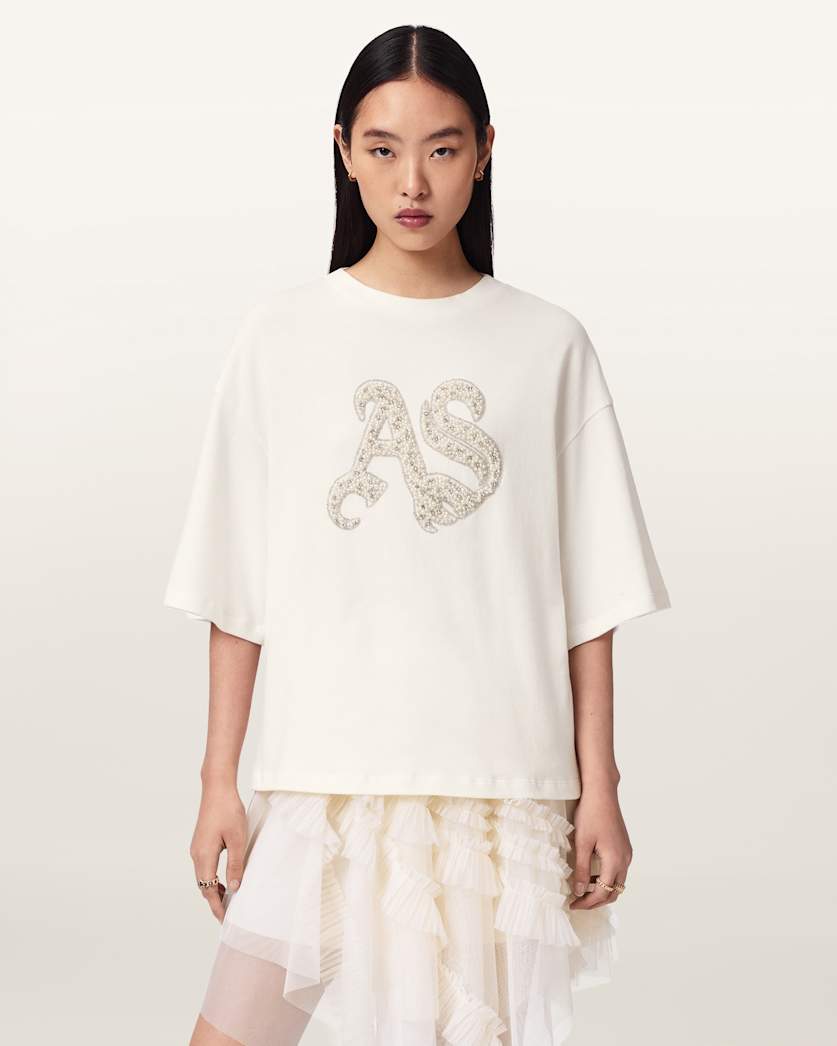 Icon Amelie Oversized Embellished T-Shirt Optic White | ALLSAINTS US
